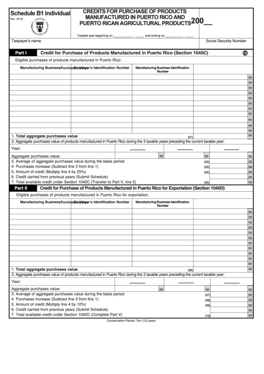 Schedule B1 Individual - Credits For Purchase Of Products Manufactured ...