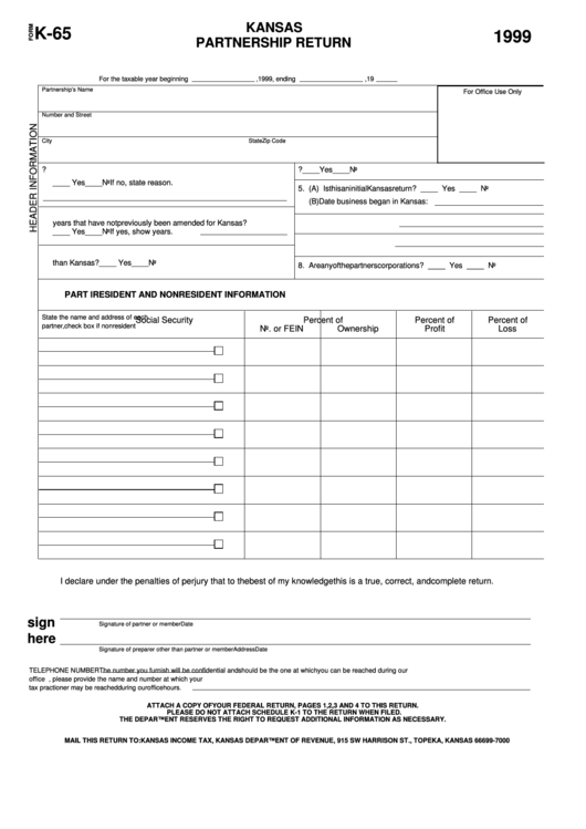 Form K-65 - Kansas Partnership Return - 1999 printable pdf download