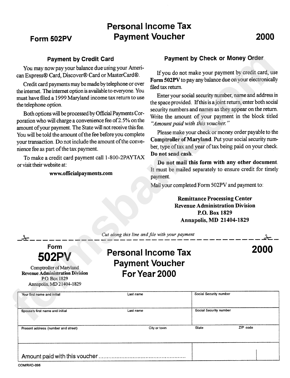 Form 502pv - Personal Income Tax Payment Voucher - 2000 printable pdf ...