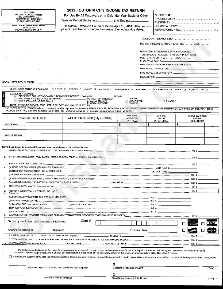 2013 Fostoria City Income Tax Return printable pdf download
