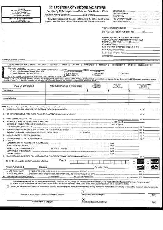 2013 Fostoria City Income Tax Return printable pdf download