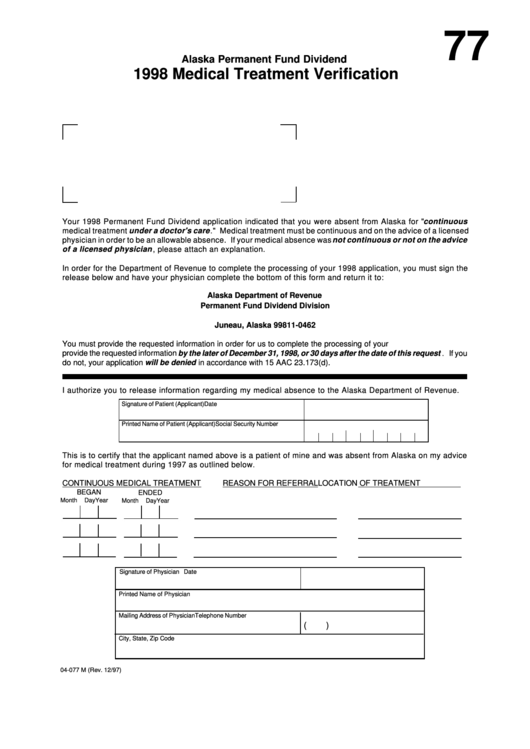Fillable Form 77 - Medical Treatment Verification - 1998 printable pdf ...