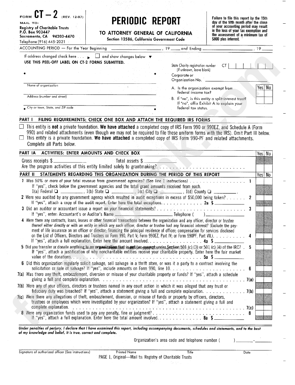 Fillable Form Ct-2 - Periodic Report - Registry Of Charitable Trusts ...