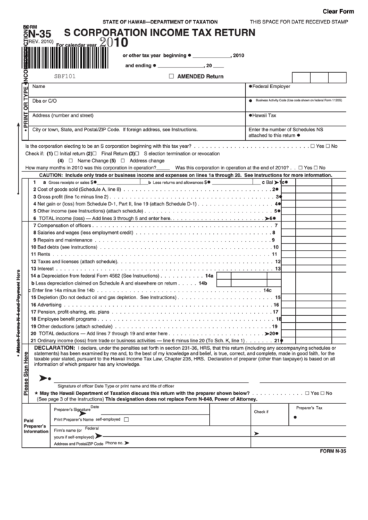 Fillable Form N-35 - S Corporation Income Tax Return - 2010 printable ...