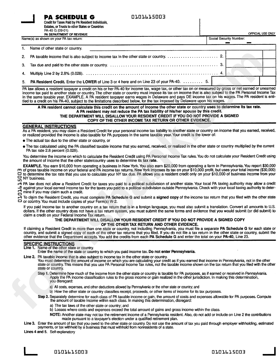 Pa Schedule G - Credit For Taxes Paid By Pa Resident Individuals ...