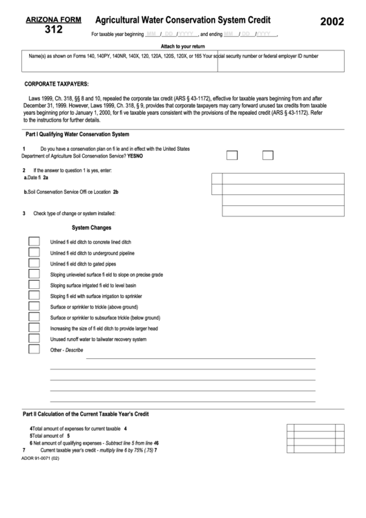 Arizona Form 312 - Agricultural Water Conservation System Credit - 2002 ...