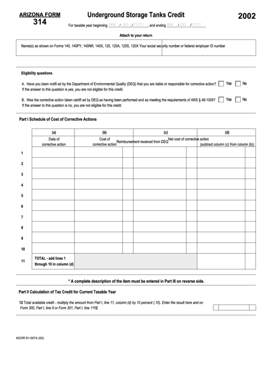 Arizona Form 314 - Underground Storage Tanks Credit - 2002 printable ...