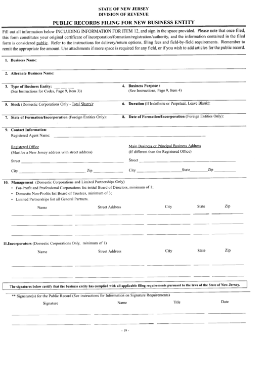 Public Recors Filing For New Business Entity printable pdf download