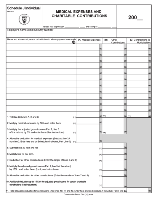 Schedule J Individual - Medical Expenses And Charitable Contributions printable pdf download
