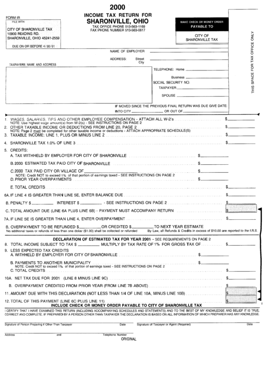 Form Ir - Income Tax Return - City Of Sharonville, 2000 printable pdf ...