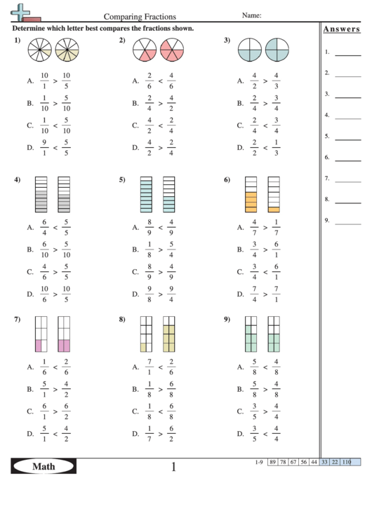 Comparing Fractions Worksheet With Answer Key printable pdf download