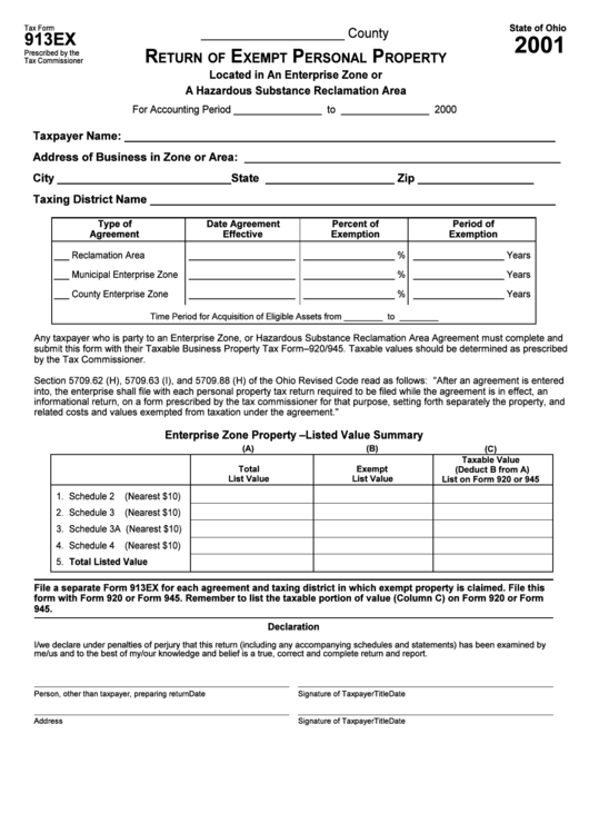 Tax Form 913ex - Return Of Exempt Personal Property - 2001 printable ...