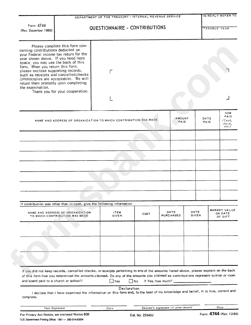 Form 4744 - Questionnaire - Contributions - 1985 printable pdf download