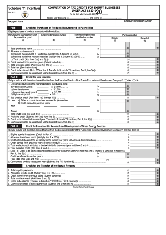 Schedule Y1 Incentives -Computation Of Tax Credits For Exempt ...