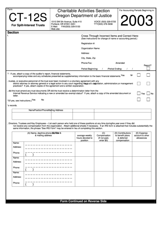Form Ct-12s - Tax Return For Split-Interest Trusts - 2003 printable pdf ...