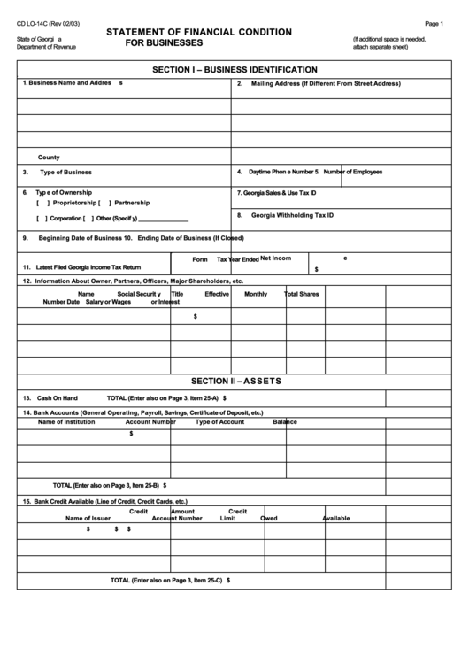 Form Cd Lo-14c - Statement Of Financial Condition For Business ...