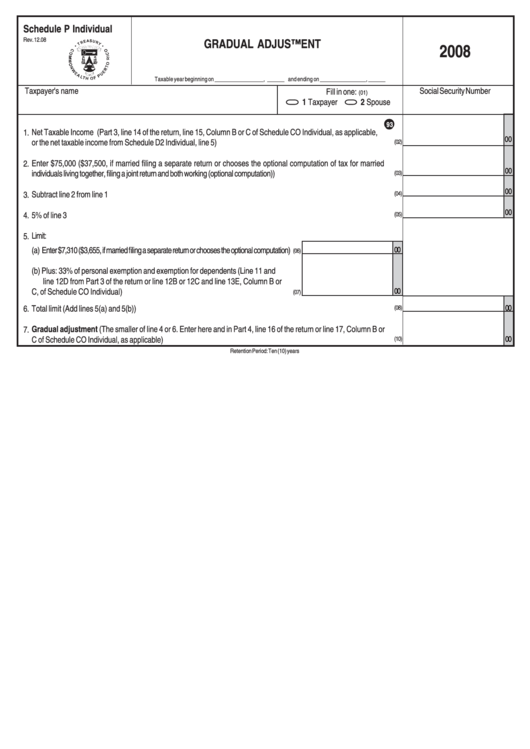 Schedule P Individual - Gradual Adjustment - 2008 printable pdf download