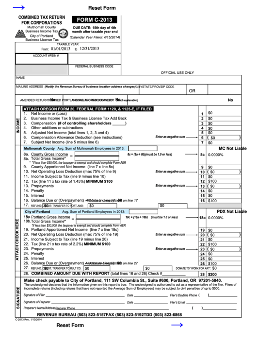 Fillable Form C-2013 - Combined Tax Return For Corporations - 2014 ...