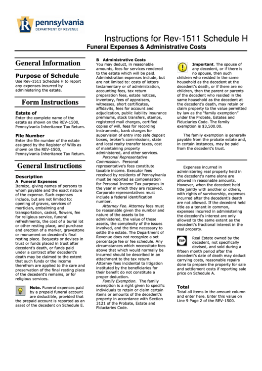 Instructions For Rev-1511 Schedule H - Funeral Expenses ...