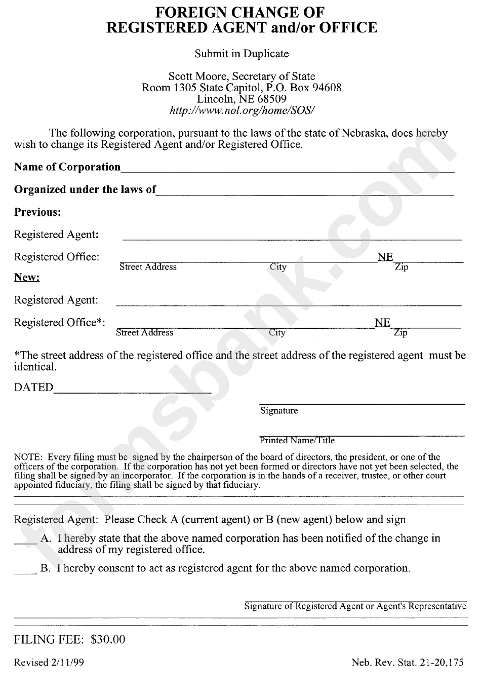 Foreign Change Of Registered Agent And/or Office - Nebraska Secretary ...