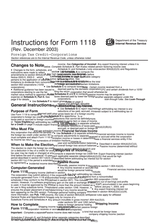 Form 1118 Instructions - Foreign Tax Credit For Corporations - 2003 ...