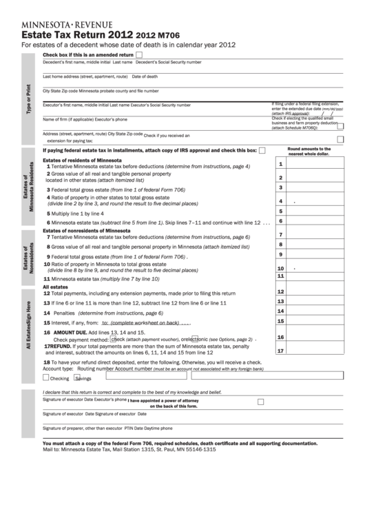 Fillable Form M706 - Estate Tax Return - 2012 printable pdf download