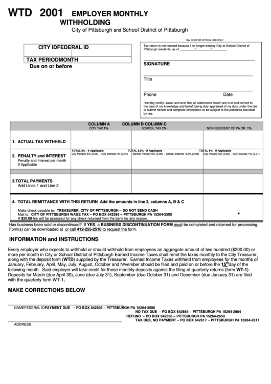 Form Wtd - Employer Monthly Withholding - City Of Pittsburgh - 2001 printable pdf download