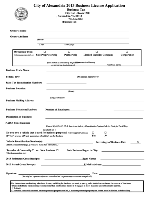 Fillable Business License Application - City Of Alexandria - 2013 ...