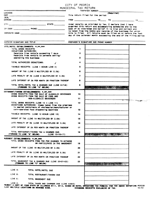 Municipal Tax Return Form - City Of Peoria printable pdf download
