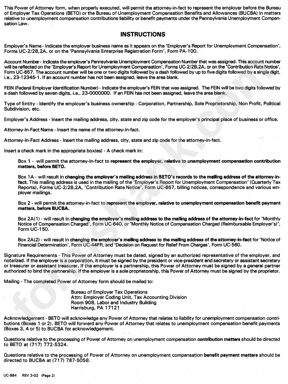 Form Uc-884 Instructions printable pdf download