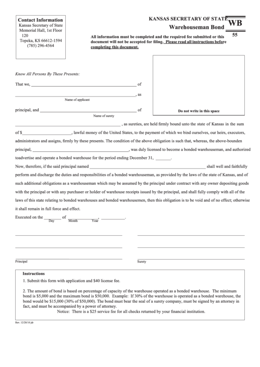 Form Wb 55 - Warehouseman Bond printable pdf download
