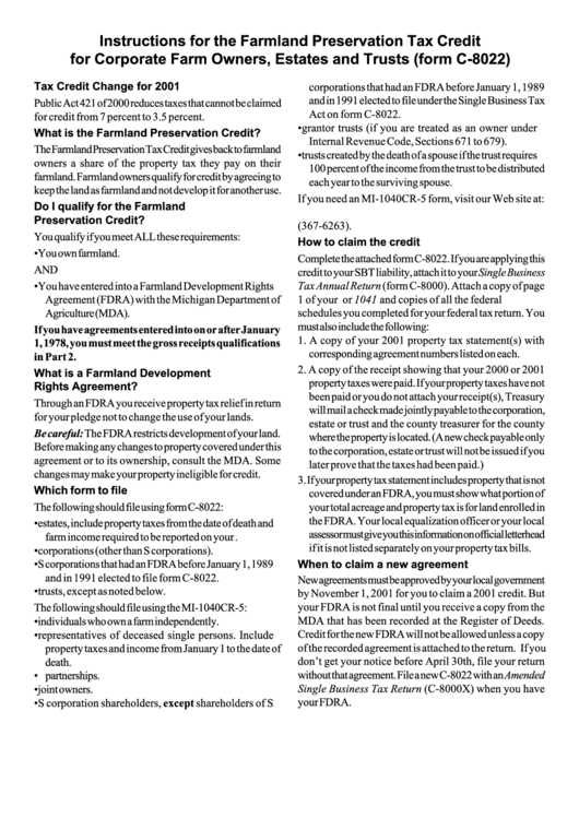 Instructions For The Farmland Preservation Tax Credit For Corporate ...