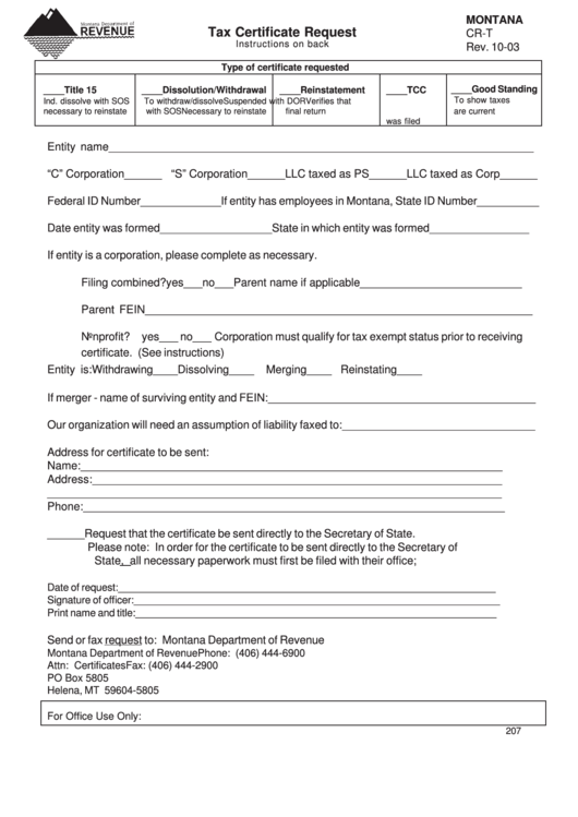 Fillable Form Cr-T - Tax Certificate Request printable pdf download