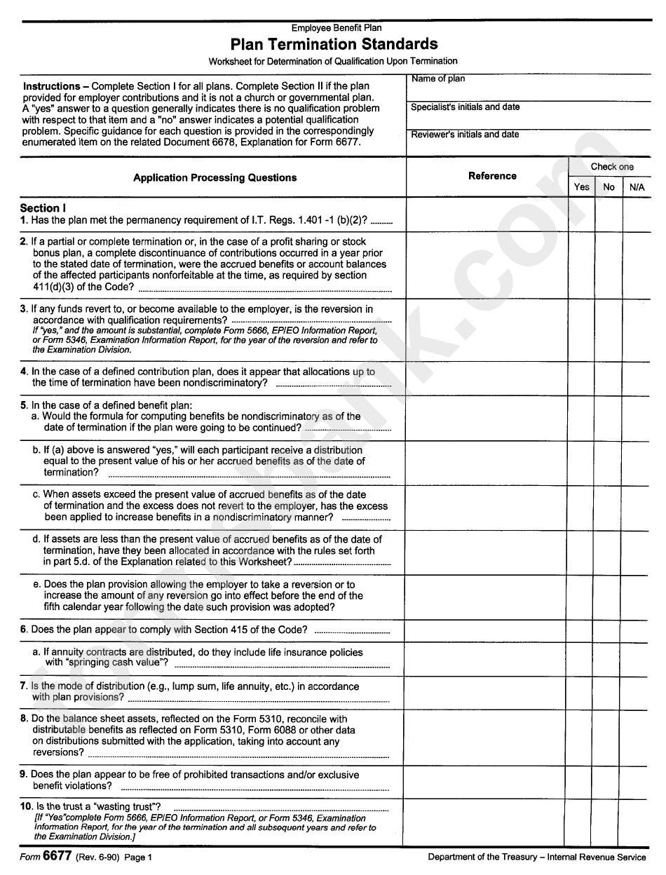 Form 6677 - Plan Termination Standards printable pdf download