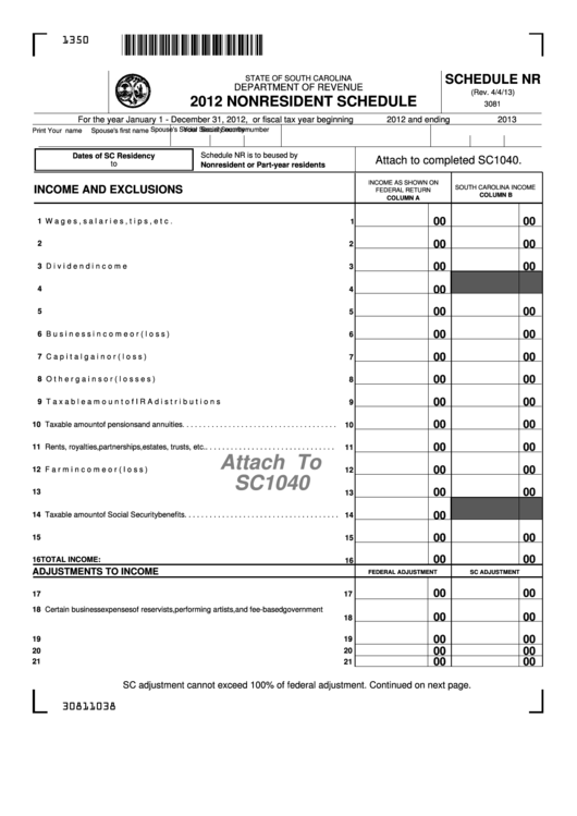 Form 3081 - Schedule Nr - Nonresident Schedule - 2012 printable pdf ...