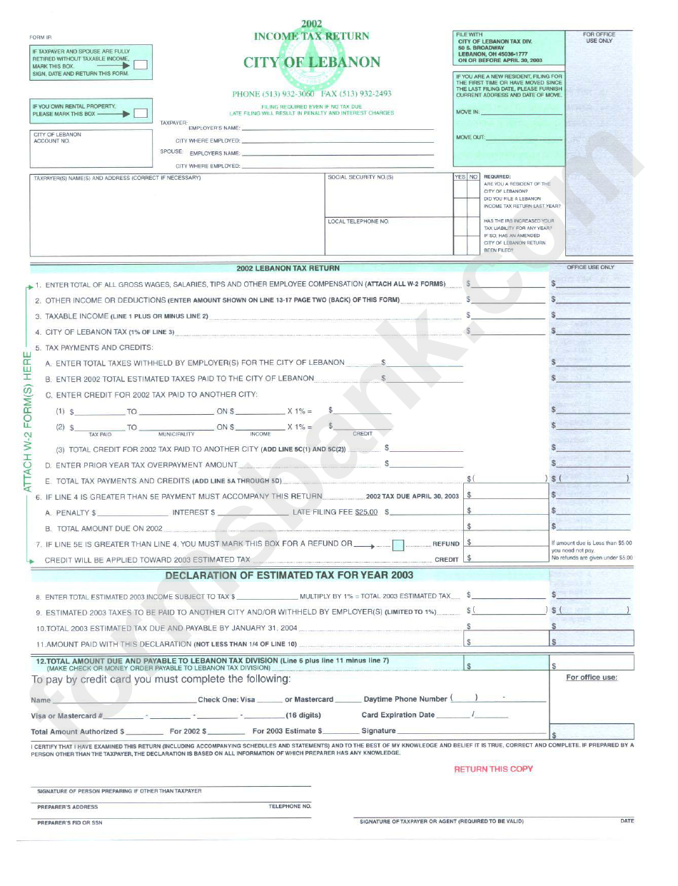 Form Ir - Income Tax Return - 2002 - City Of Lebanon printable pdf download