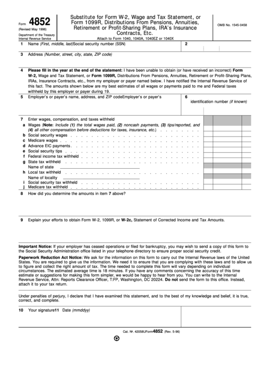 Fillable Form 4852 Substitute For Form W 2 Wage And Tax Statement