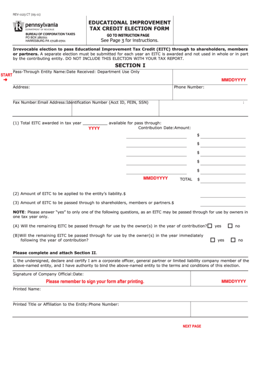 Fillable Form Rev-1123 Ct - Educational Improvement Tax Credit Election ...