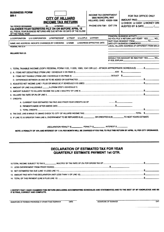 Business Form Br-1 - City Of Hilliard Income Tax Return printable pdf ...