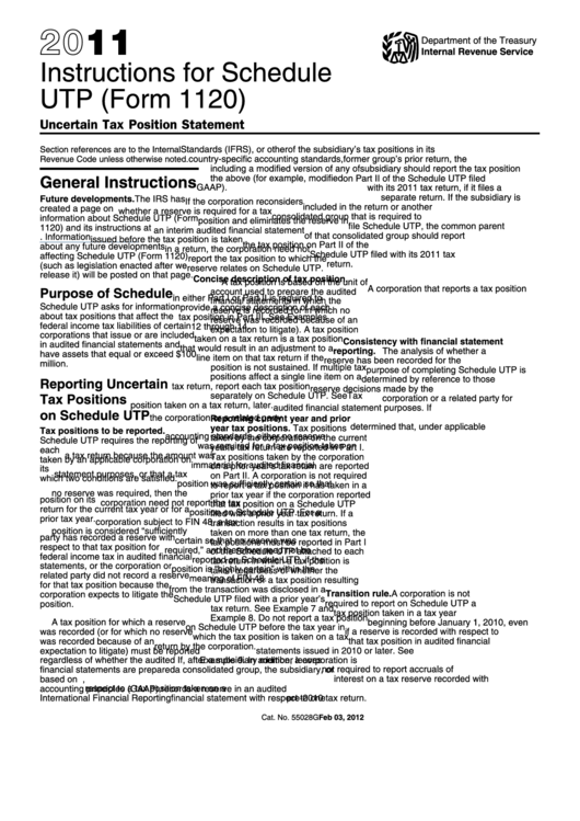 Instruction 1120 Schedule Utp - Uncertain Tax Position Statement - 2011 ...