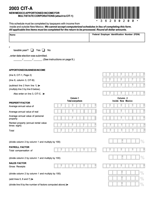 Form Cit - New Mexico Apportioned Income For Multistate Corporations ...