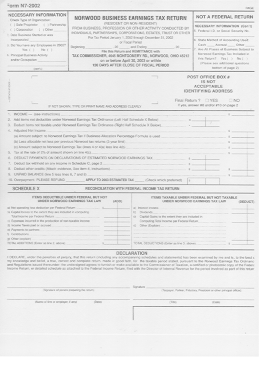 Form N7-2002 - Norwood Business Earnings Tax Return printable pdf download