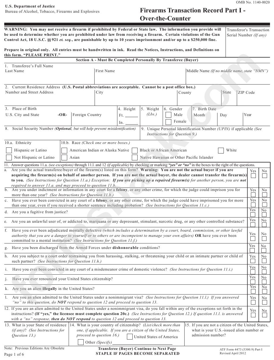 Atf Form 4473 Firearms Transaction Record Printable Pdf Download Atf Form 4473 Firearms Transaction Record Printable Pdf Download