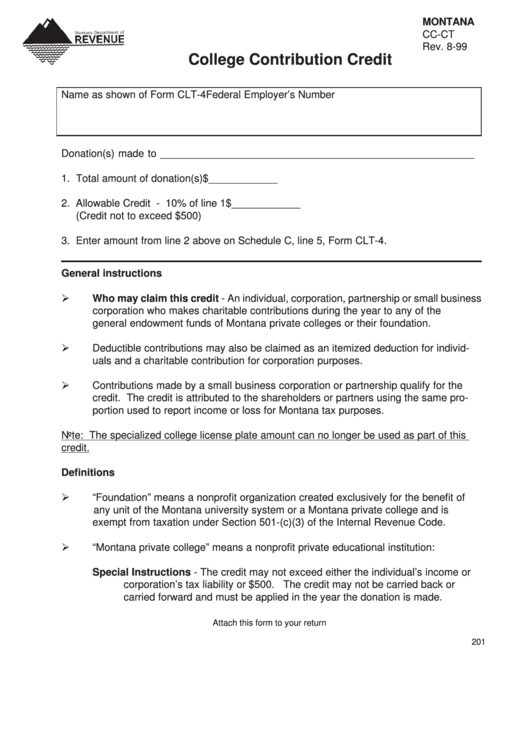Montana Form Cc-Ct - College Contribution Credit - 1999 printable pdf ...