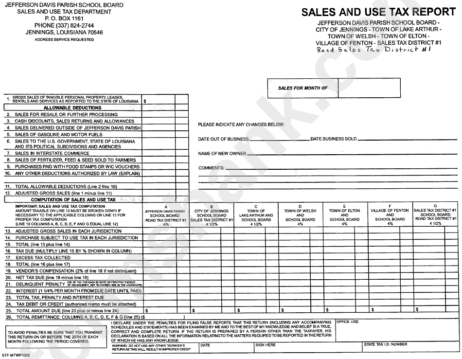 Form Stf Mtwp1000 - Sales And Use Tax Report printable pdf download
