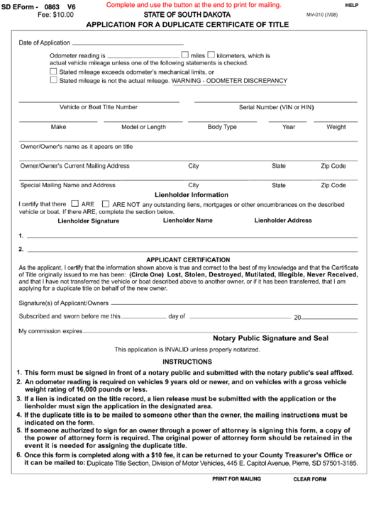 Fillable Sd Eform 0863 Application For A Duplicate Certificate Of 
