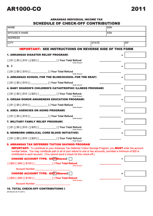 Fillable Form Ar1000-Co - Individual Income Tax - Schedule Of Check-Off ...