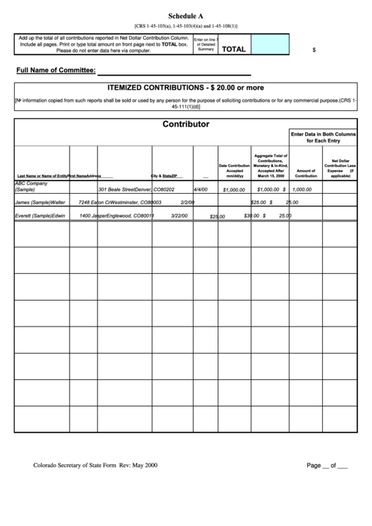 Schedule A - Colorado Secretary Of State printable pdf download