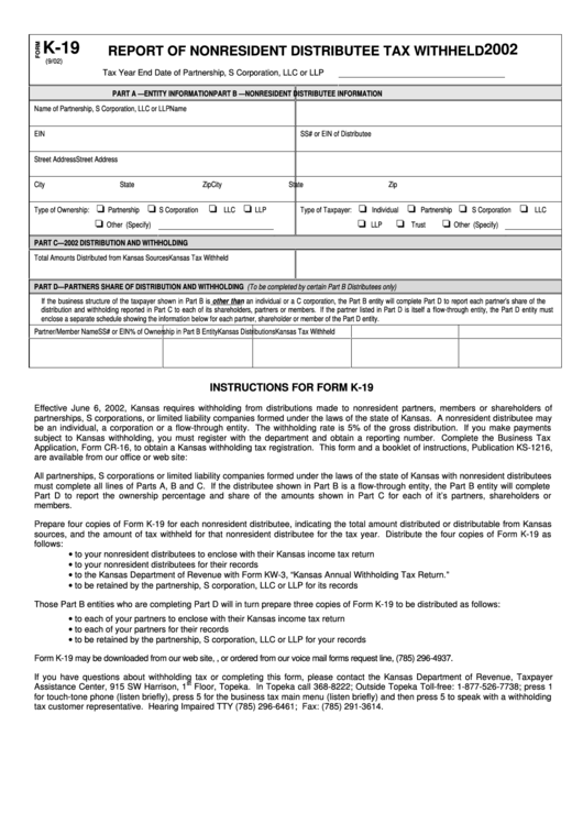 Form M K-19 - Report Of Nonresident Distributee Tax Withheld - 2002 ...