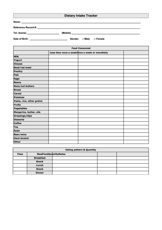 Food Quantity Intake Record Printable Pdf Download